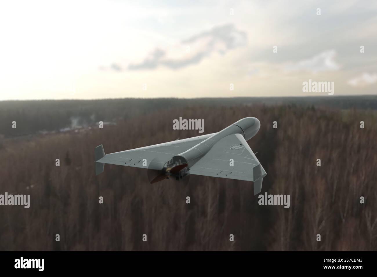 Military unmanned aerial vehicle flying in the sky against the backdrop ...