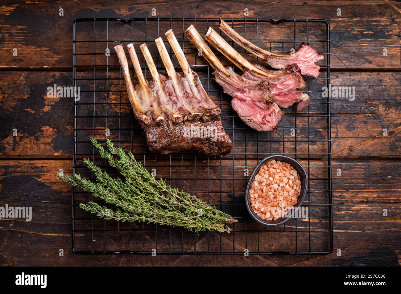 Grilled Rack of lamb, mutton meat chop steaks with thyme. wooden background. top view Stock ...