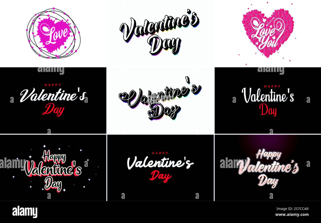 Hand-drawn black lettering Valentine’s Day and pink hearts on white ...