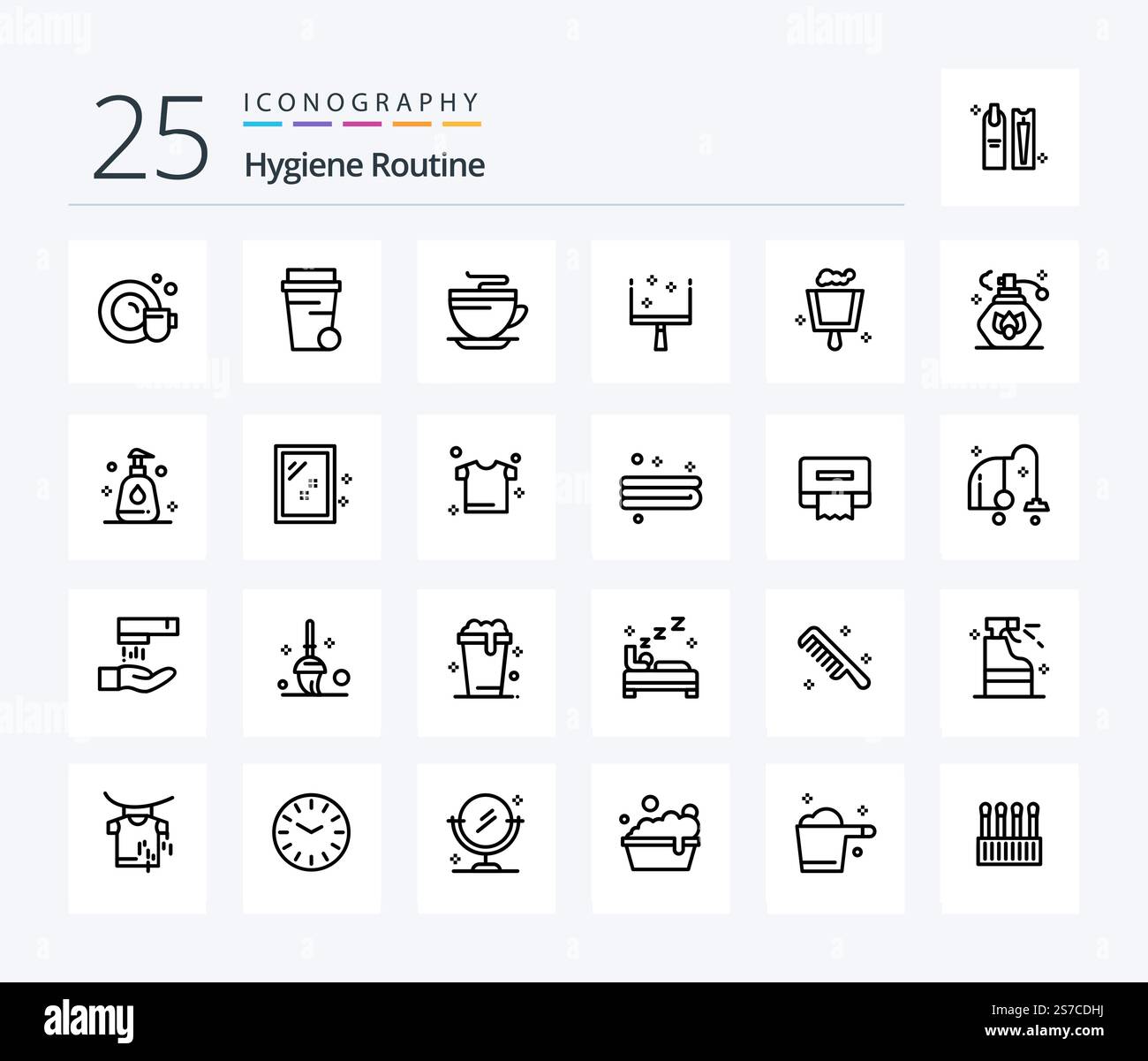 Hygiene Routine 25 Line icon pack including mirror. clean. cup. spray ...
