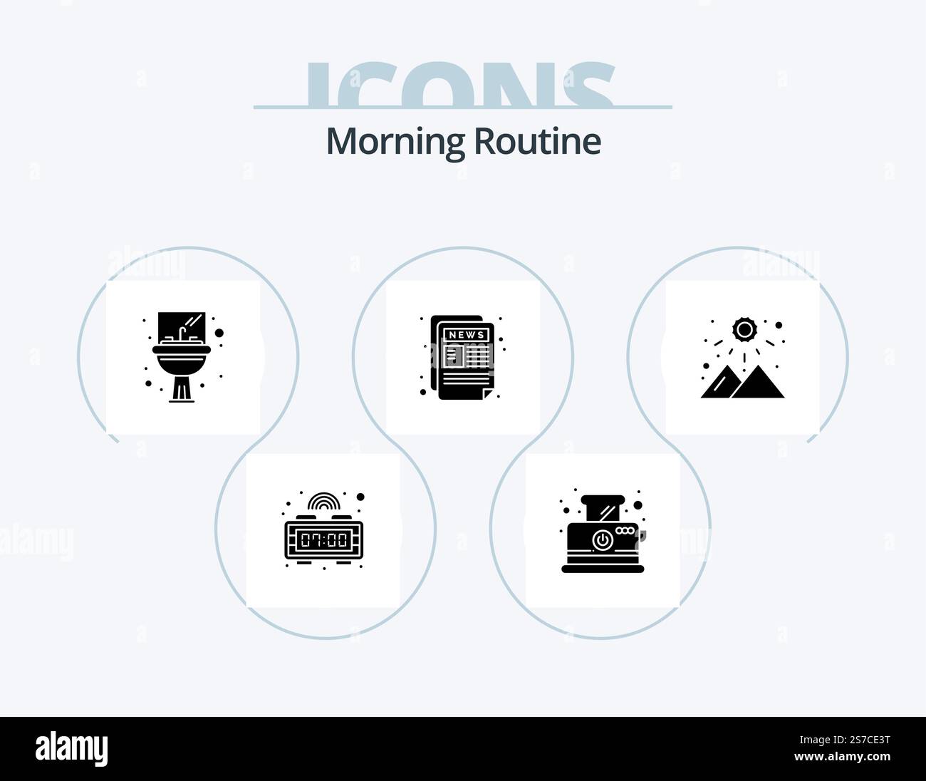 Morning Routine Glyph Icon Pack 5 Icon Design. weather. sunrise. sink. news letter. newspaper ...
