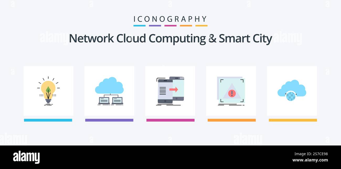 Network Cloud Computing And Smart City Flat 5 Icon Pack Including application. syncing. internet ...