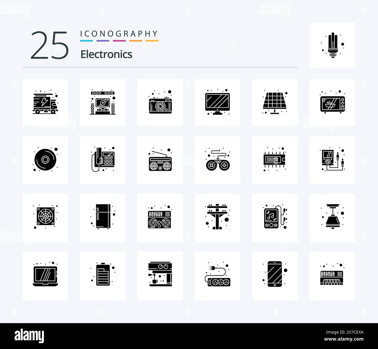 Electronics 25 Solid Glyph icon pack including electronics. eco. photography. battery. screen ...