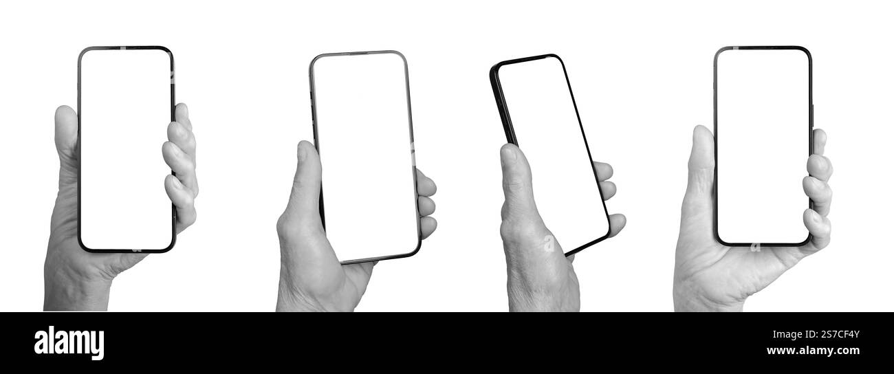 Old women hands holding smartphone screen mockup, set. Blank mobile ...