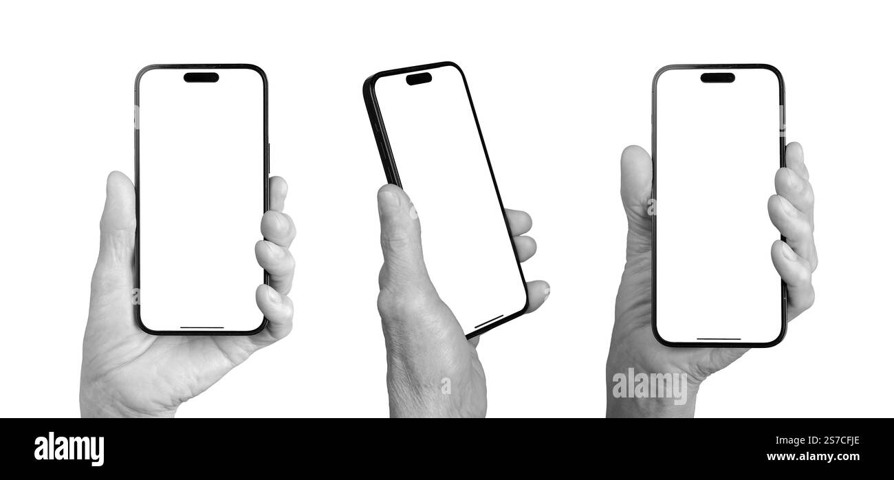 Old hands holding smart phone screen mock up, set. Blank mobile display ...