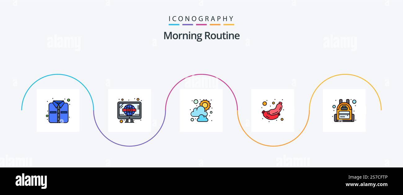 Morning Routine Line Filled Flat 5 Icon Pack Including . bag. sunny ...