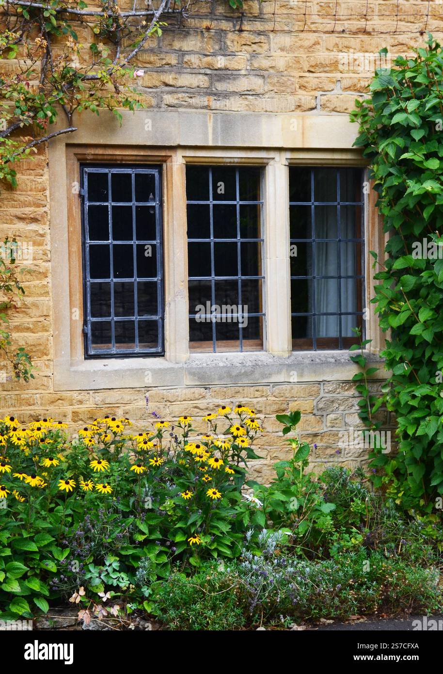Close up picture of an old traditional wooden window with 3 vertical ...