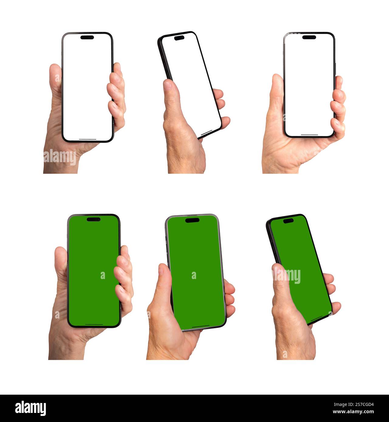 Old hand holding smartphone with blank green screen, wrinkled fingers ...