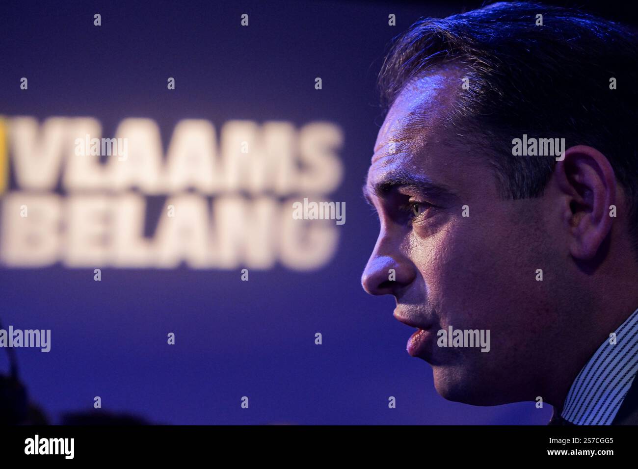 Ranst, Belgium. 19th Jan, 2025. Vlaams Belang chairman Tom Van Grieken ...