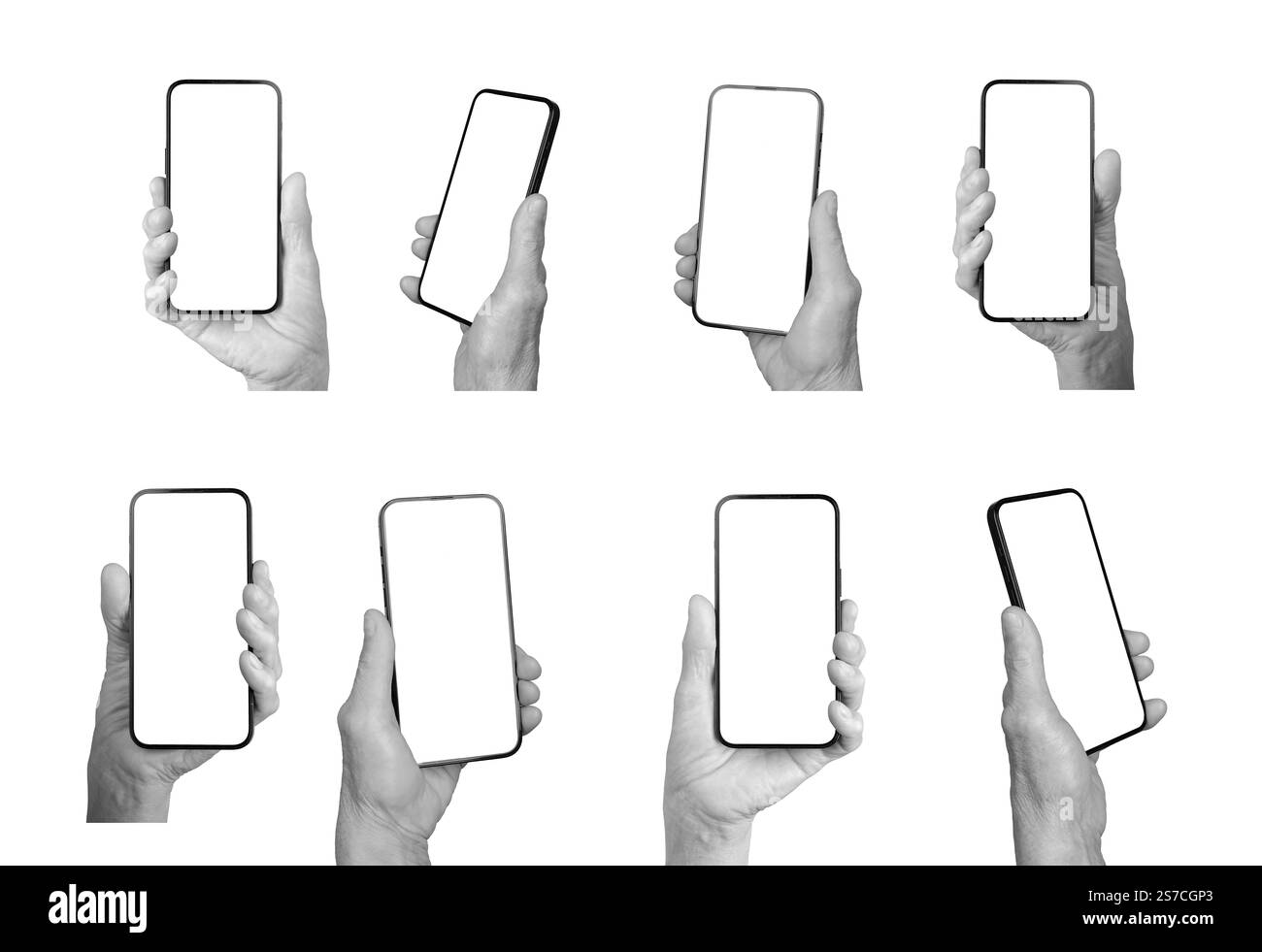 Old hand holding smartphone with blank green screen, wrinkled fingers ...