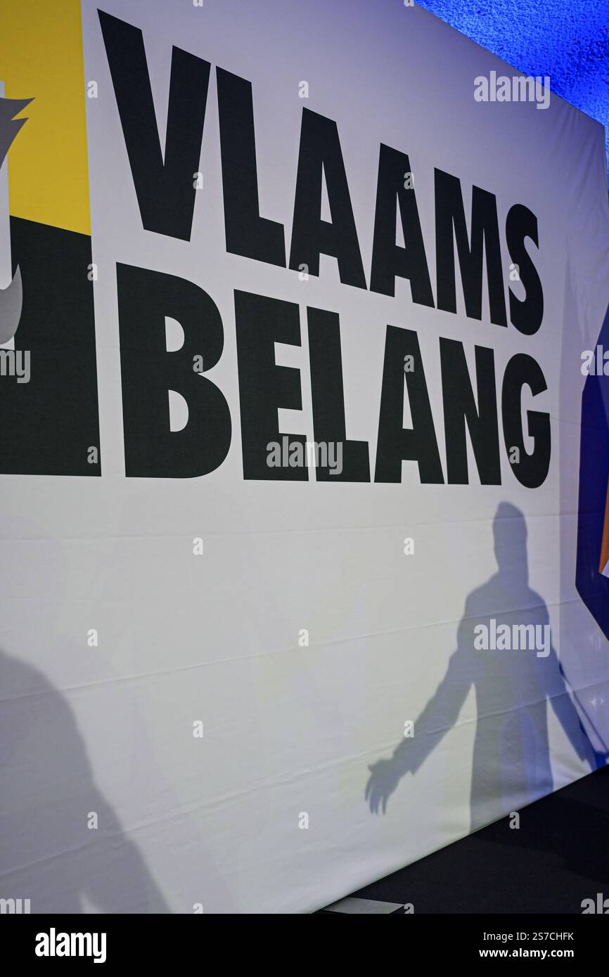 Vlaams Belang chairman Tom Van Grieken's shadow is pictured during the ...