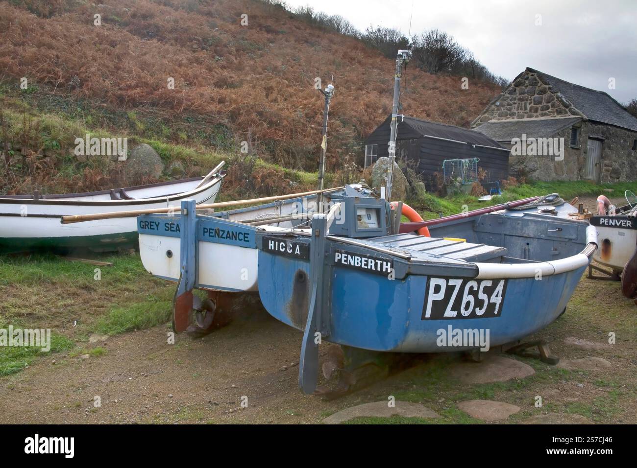fishing boats in the tiny fishing hamlet of penberth cove on the south ...