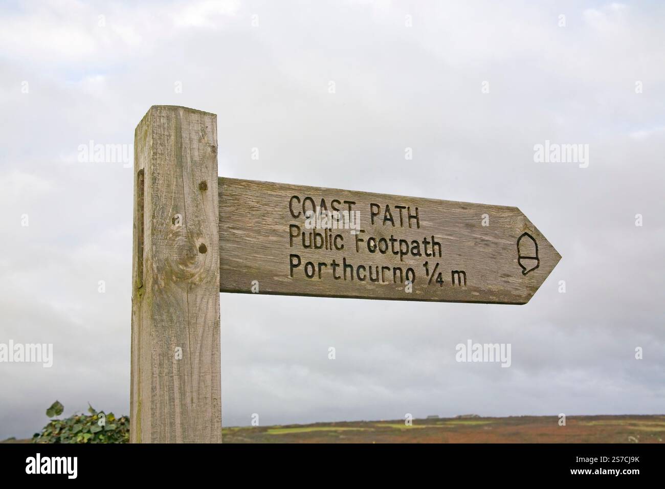 coastal path sign at porthcurno on the south cornish coast Stock Photo ...