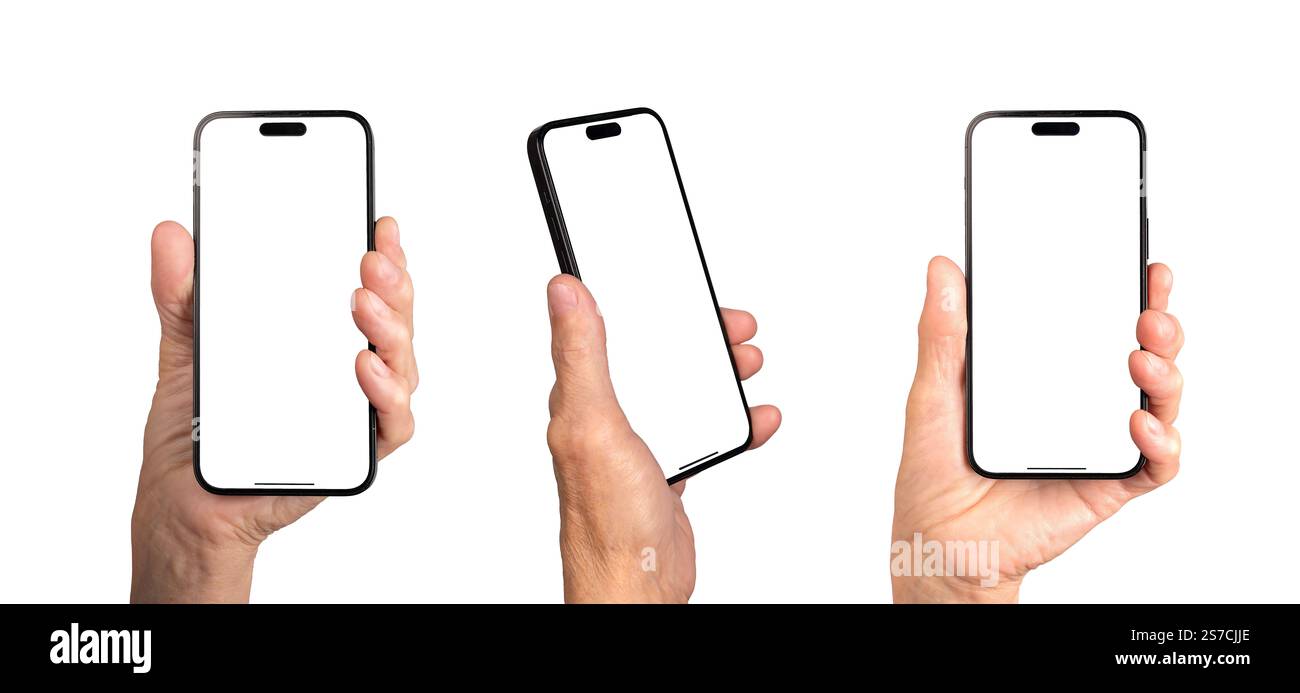 Mobile phone mockup in old female hands, set. Smartphone screen mock up ...