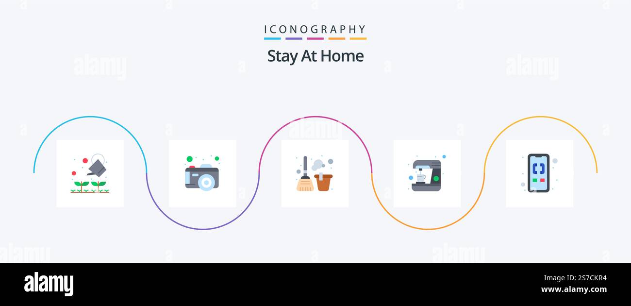 Stay At Home Flat 5 Icon Pack Including calling. coffee maker. bucket ...