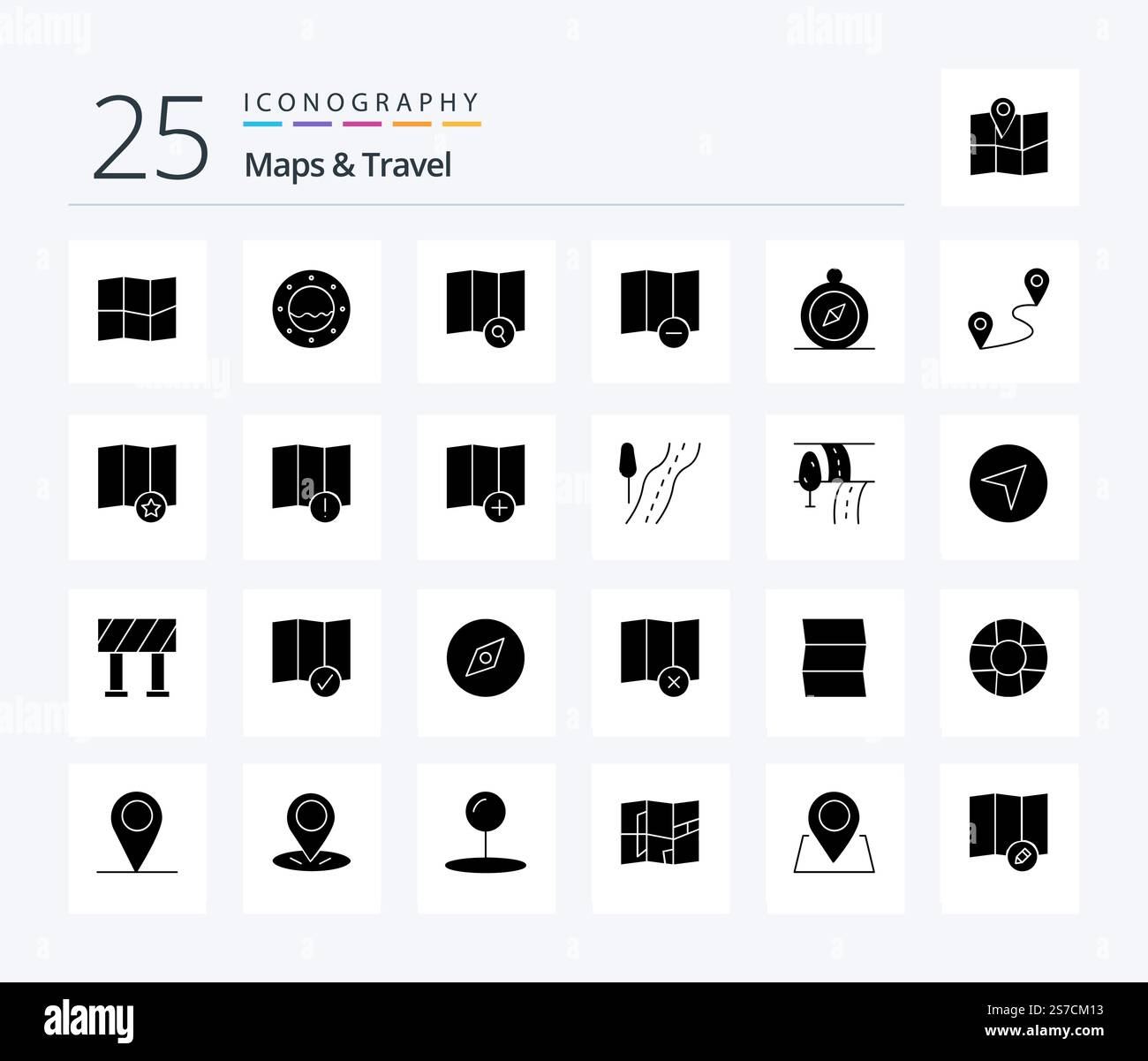 Maps & Travel 25 Solid Glyph icon pack including place. route. delete. pin. navigation Stock ...