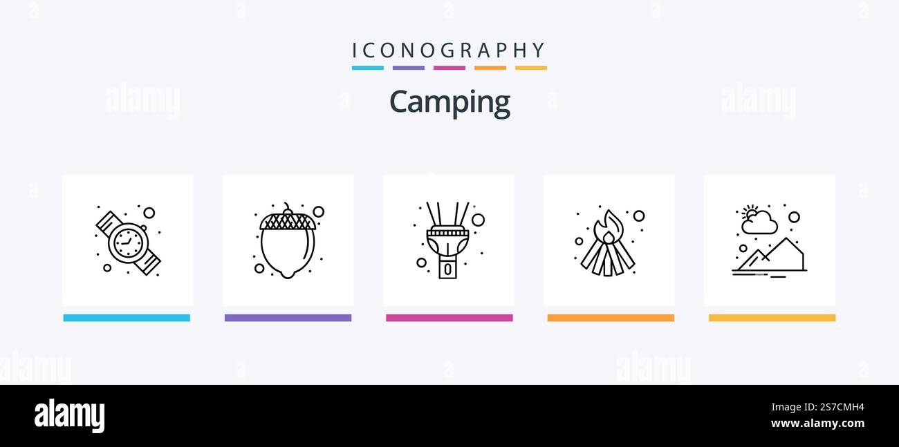 Camping Line 5 Icon Pack Including . sun rise. arrows. sun. countryside ...