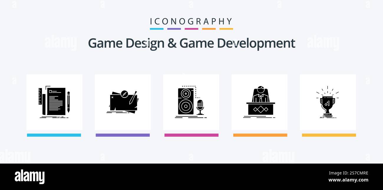 Game Design And Game Development Glyph 5 Icon Pack Including legend. game. quest. sound ...
