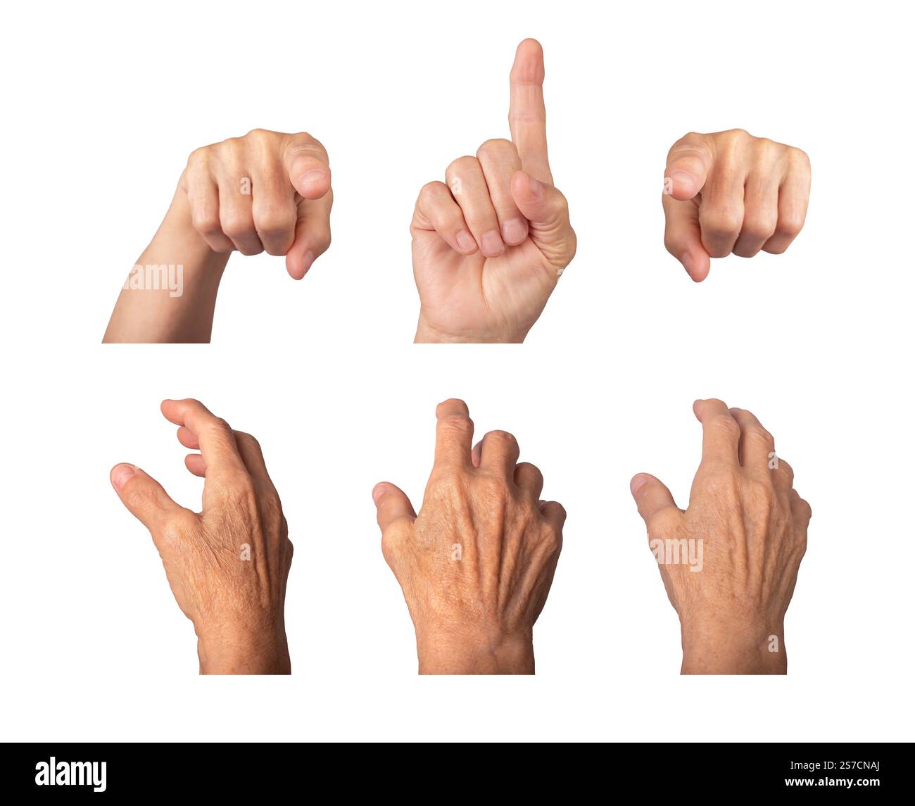 Elderly woman's hand outstretched with finger pointing, gesture ...