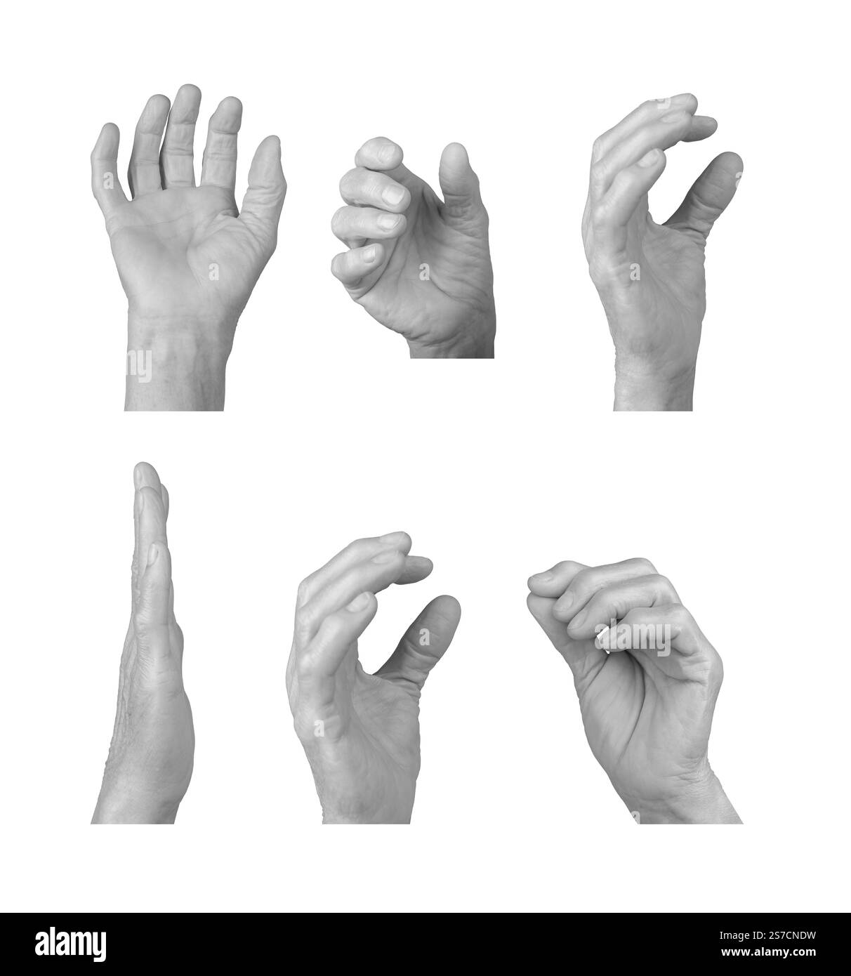 Elderly woman's hand in various gestures, including pinching, grasping ...