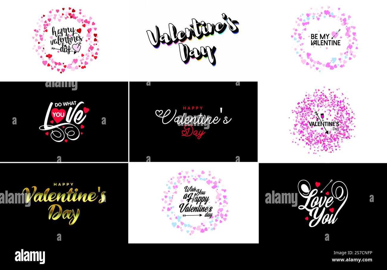 Hand-drawn black lettering Valentine’s Day and pink hearts on white ...
