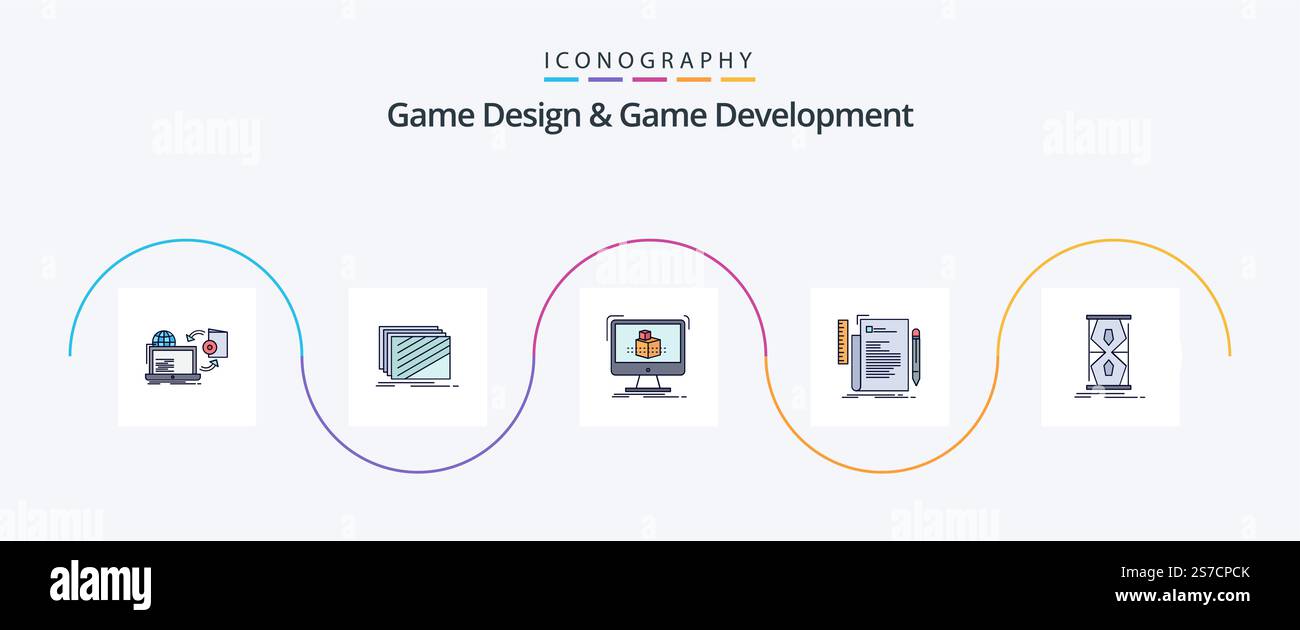 Game Design And Game Development Line Filled Flat 5 Icon Pack Including file. code. texture ...