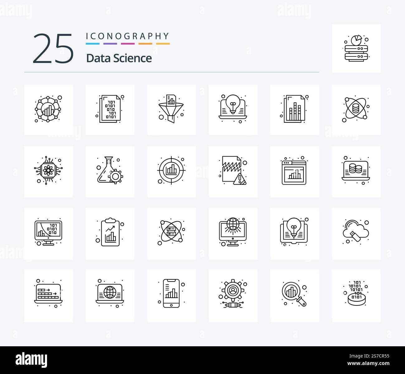 Data Science 25 Line icon pack including analytics. laptop. analytics. ideas. funnel Stock ...