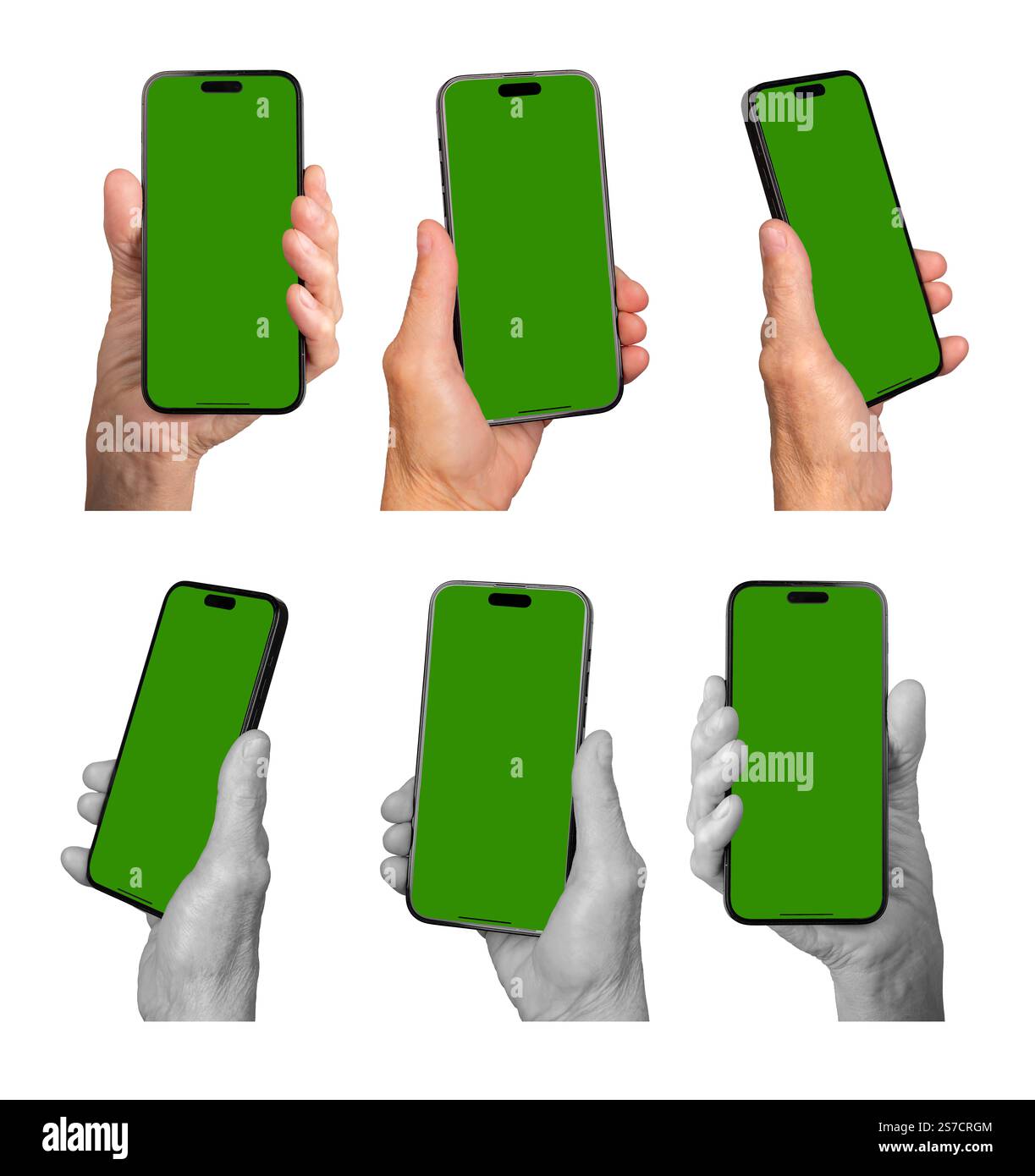 Elderly hand holding smartphone with blank green chroma key screen ...