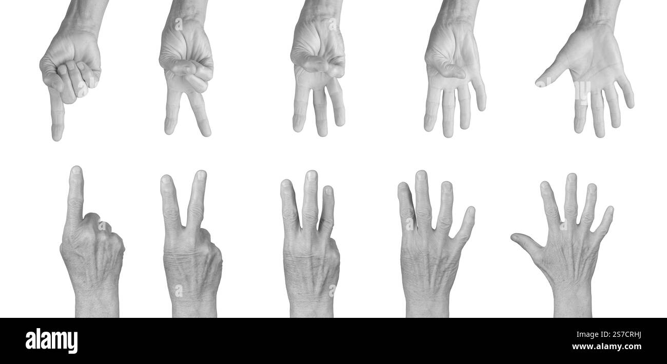 Elderly hand counting numbers 1 to 5, fingers extended in palmar and ...