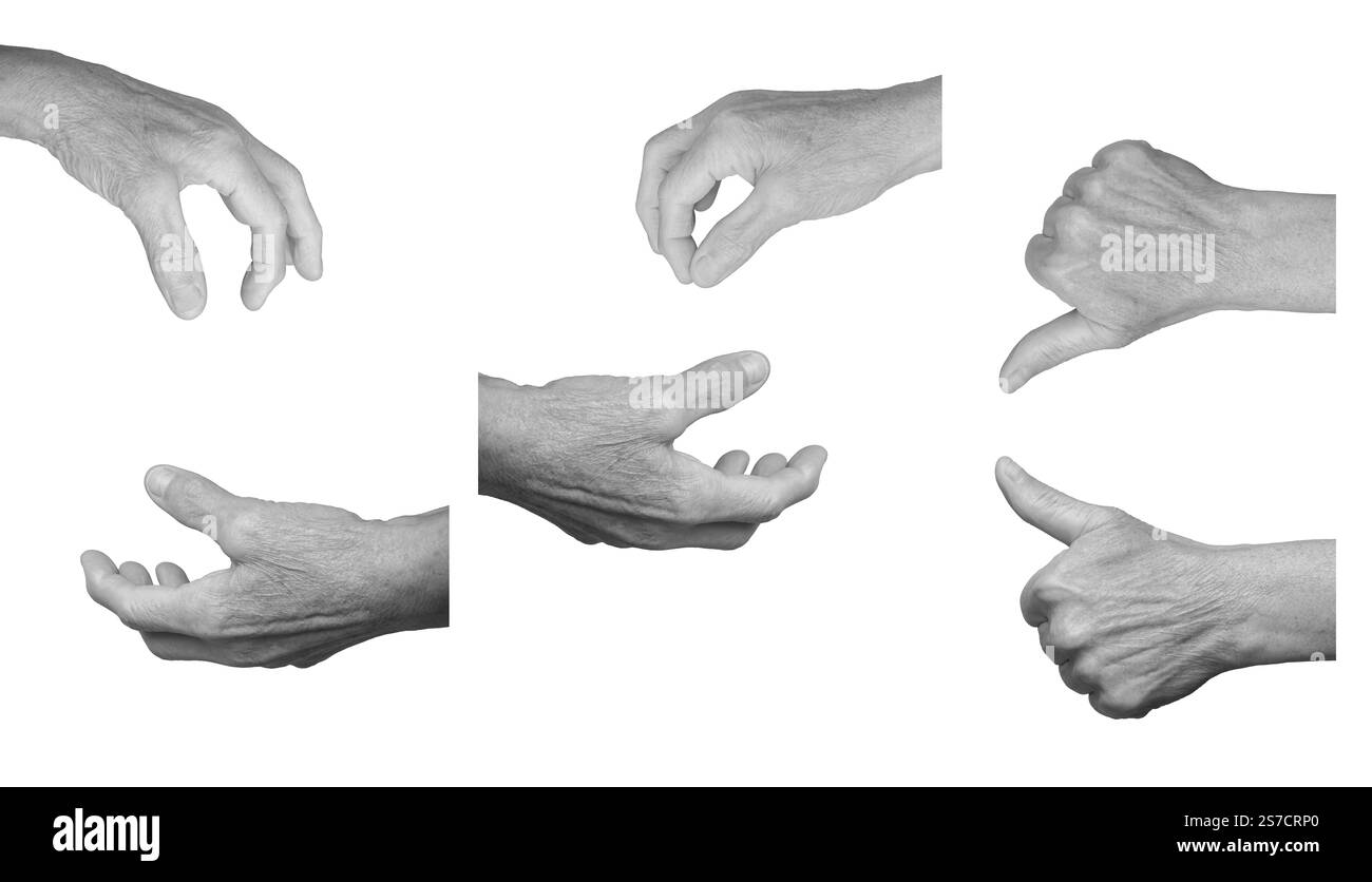 Elderly female hand showing various gestures, including pinch, grab ...