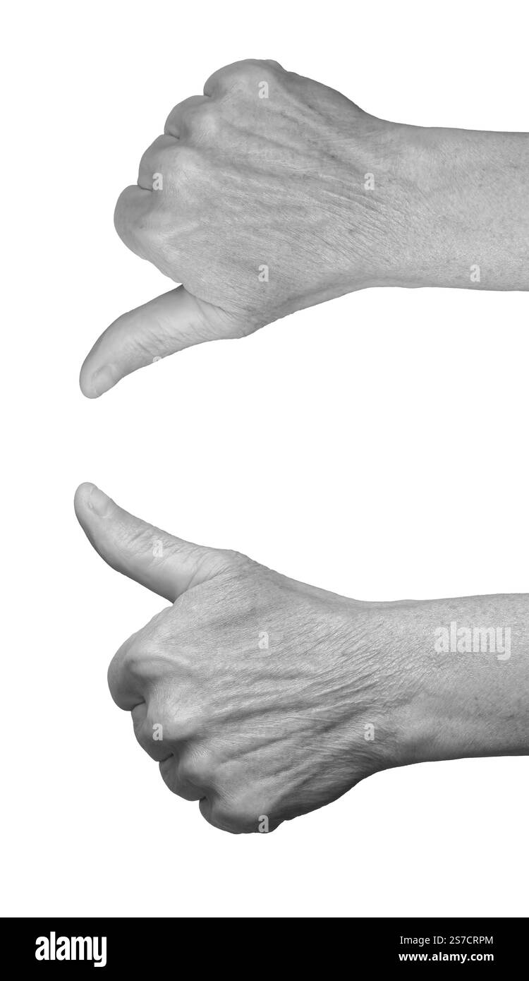 Elderly female hand showing thumb-up gesture, wrinkled skin, symbol of ...