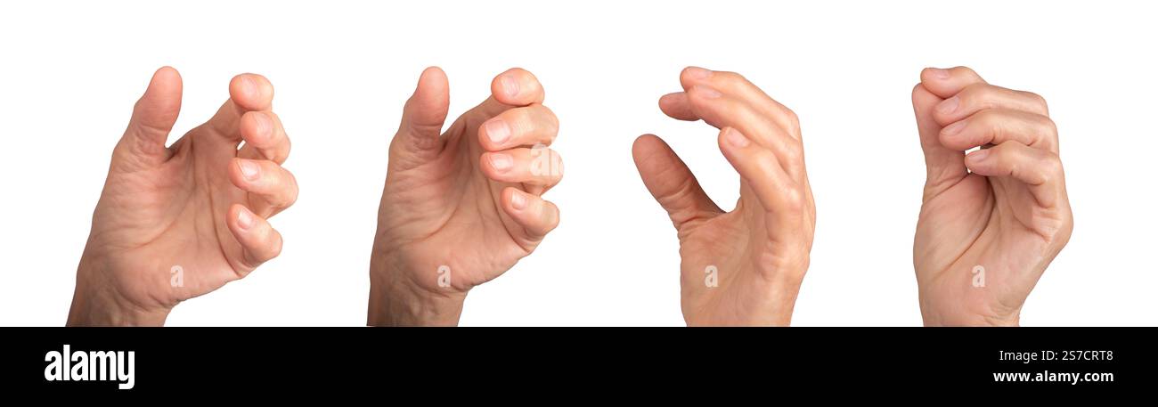 Elderly female hand reaching to grab, curled fingers, wrinkled skin ...