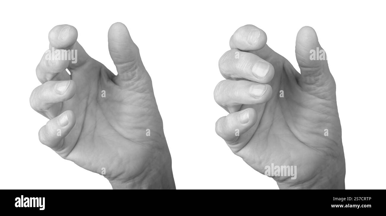 Elderly female hand reaching to grab, curled fingers and wrinkled skin ...