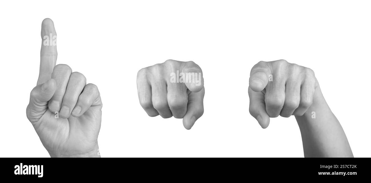 Elderly female hand pointing with index finger, gesture indicating ...