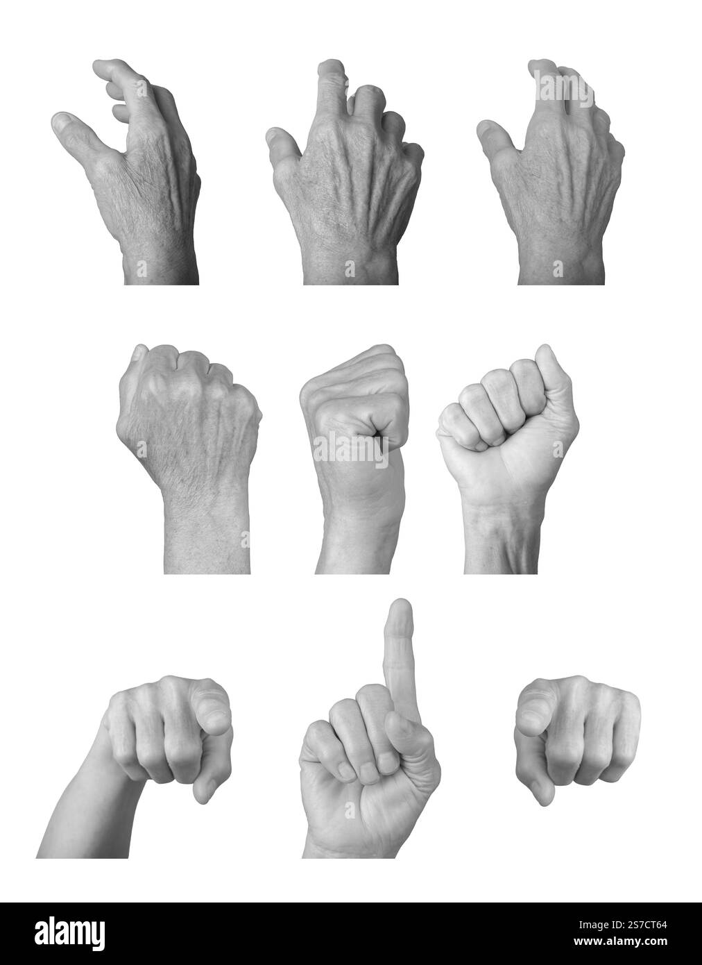 Elderly female hand outstretched, pointing with index finger, wrinkled ...