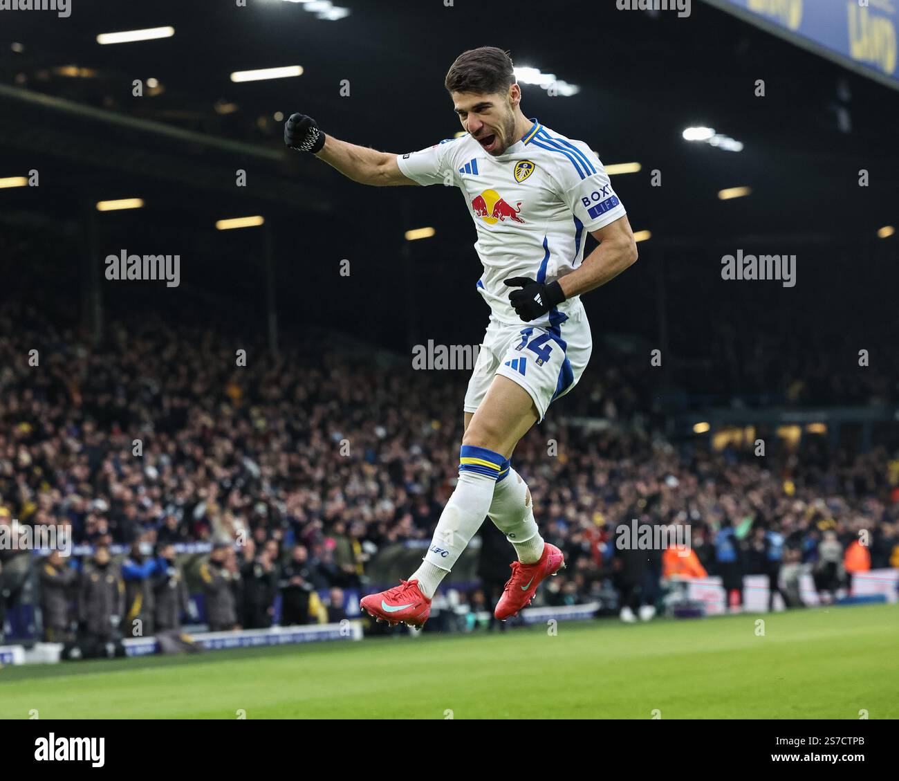Leeds, UK. 19th Jan, 2025. Manor Solomon of Leeds United celebrates his ...