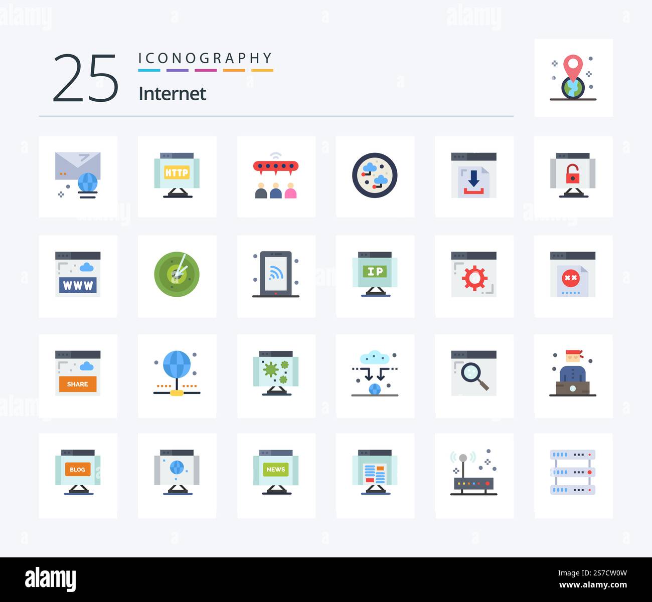 Internet 25 Flat Color icon pack including download. technology. group ...
