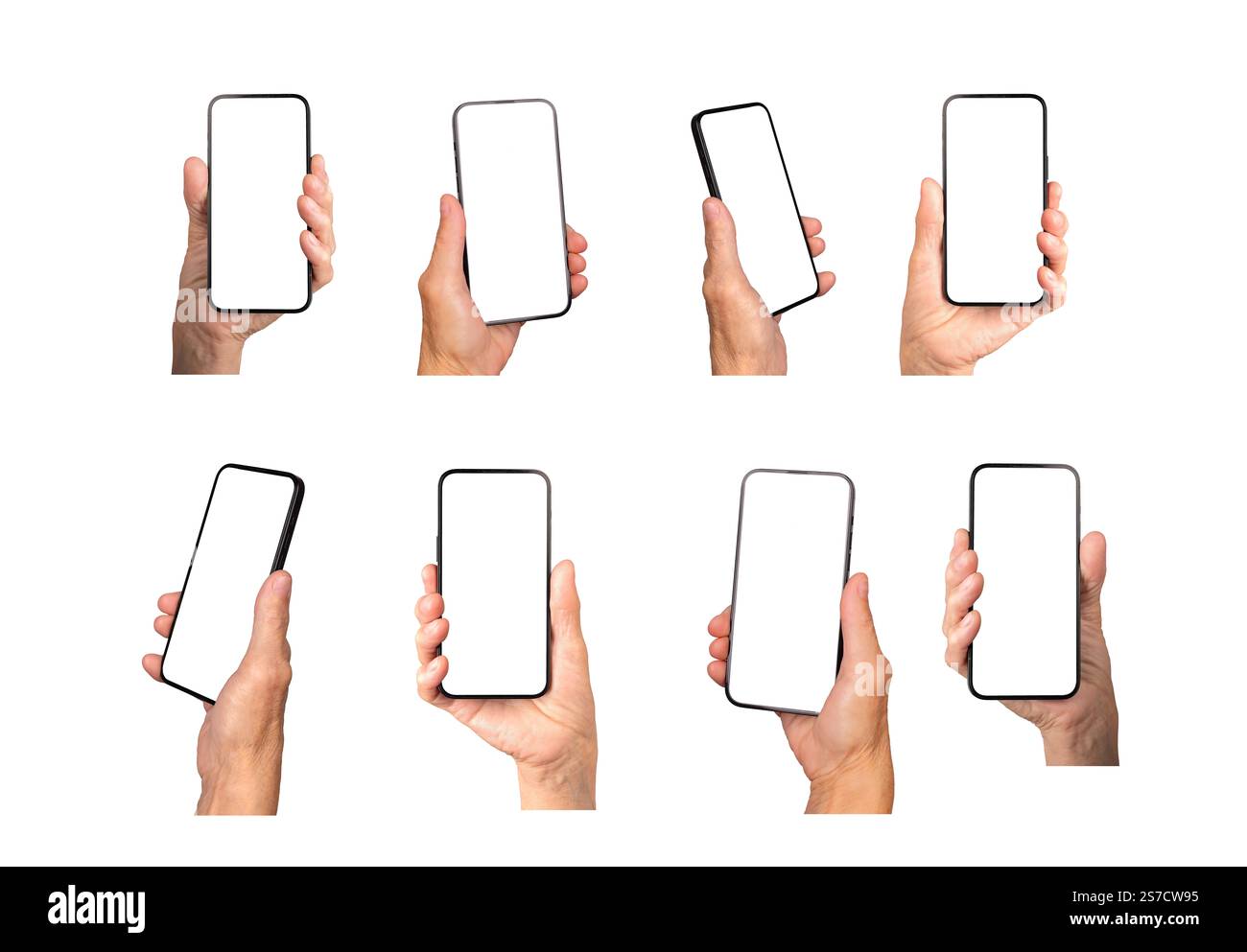 Elderly female hand holding smartphone with blank screen, wrinkled skin ...