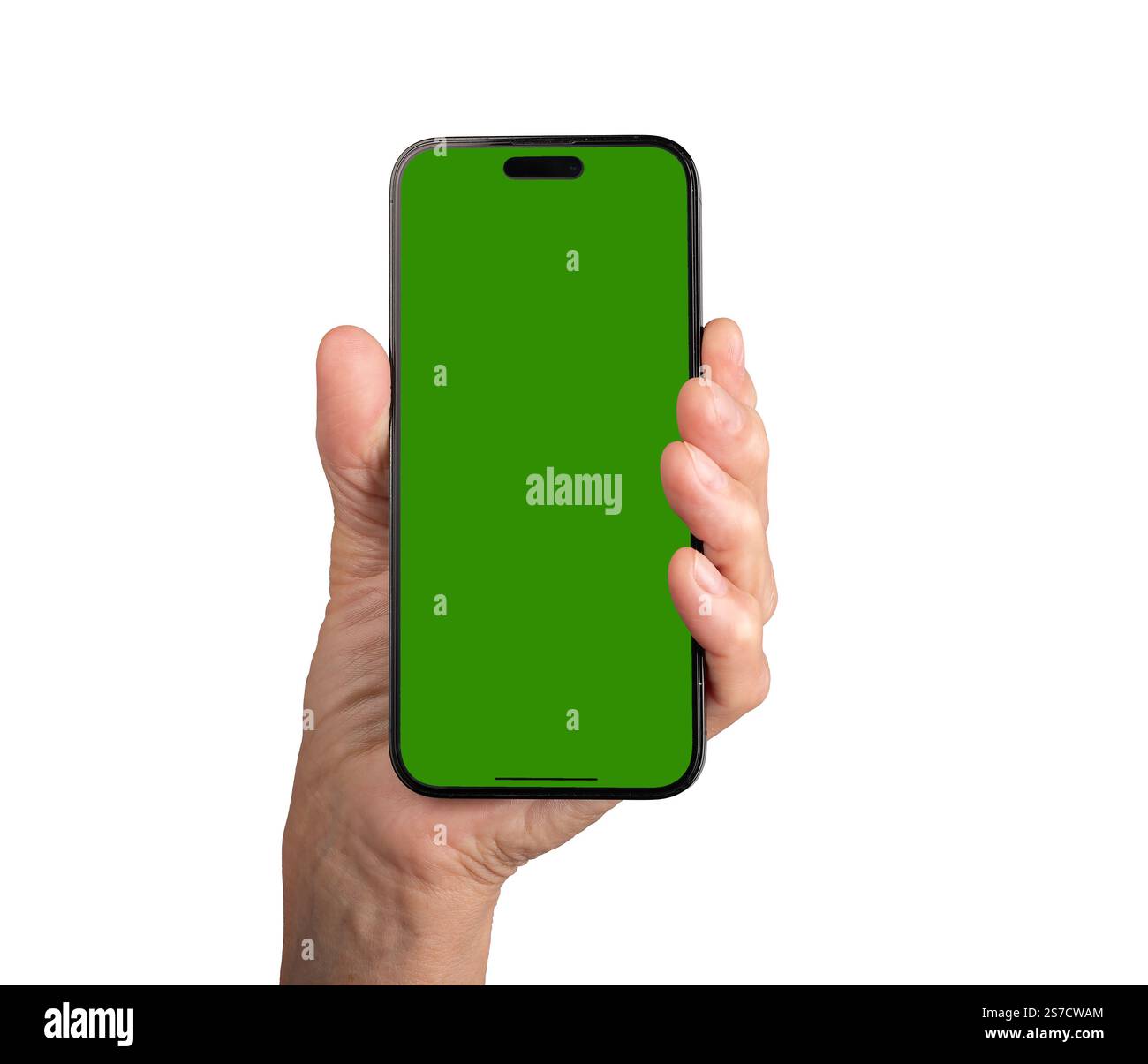 Elderly caucasian woman's hand holding a smartphone with a blank green ...