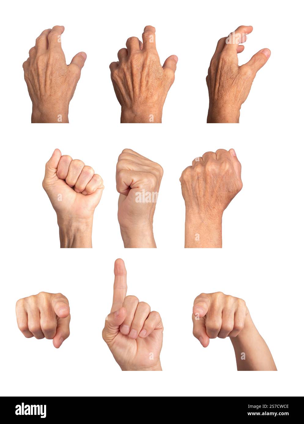 Elderly caucasian female hand pointing with index finger, dorsal view ...