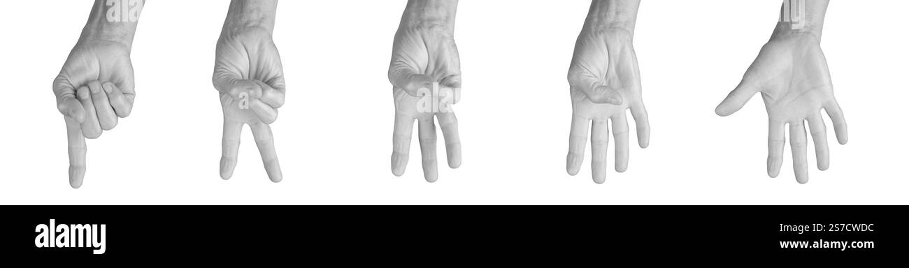 Counting fingers concept. Closeup of elderly human hand showing numbers, gesture communication ...