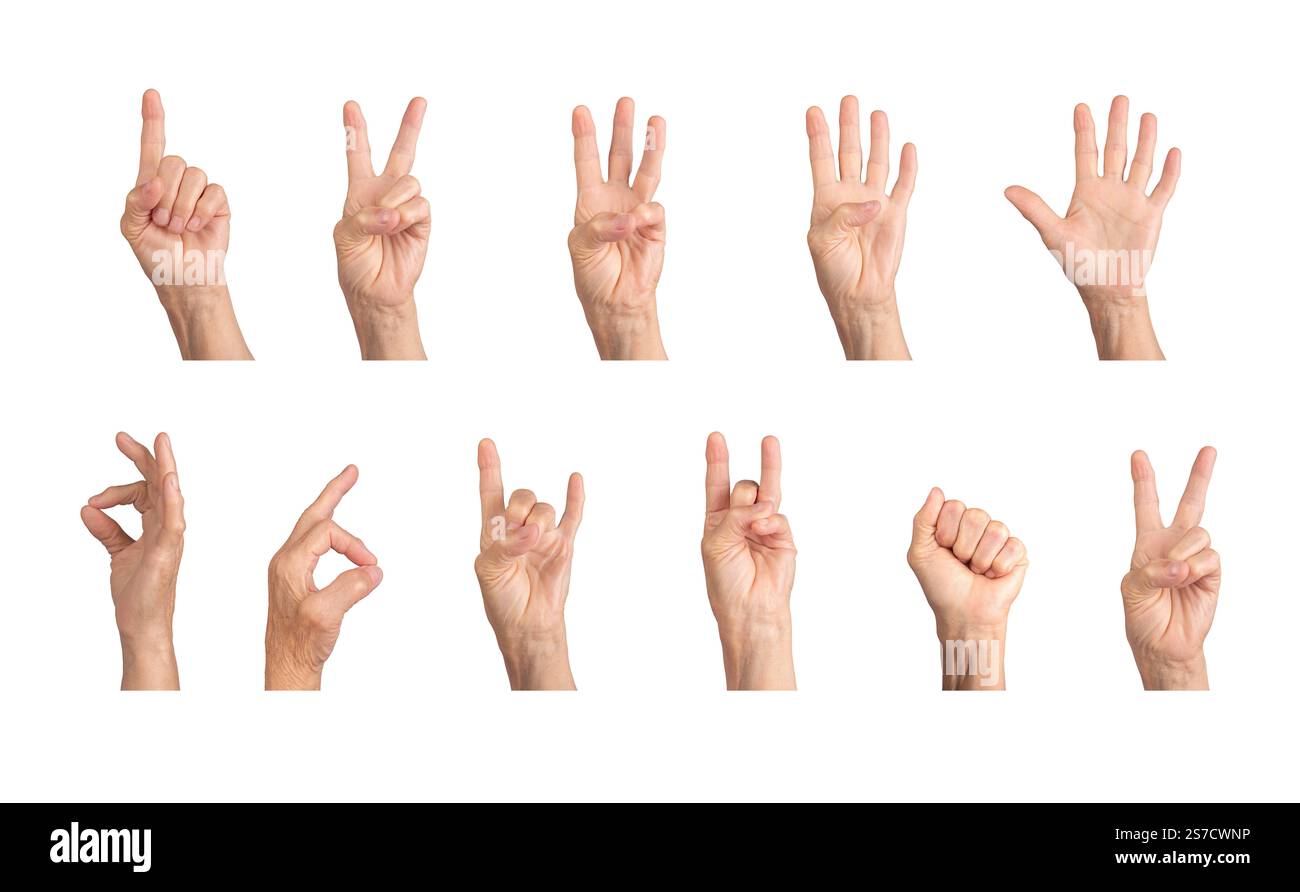 Caucasian elderly hand showing gestures like peace, rock horn, clenched fist, and counting ...
