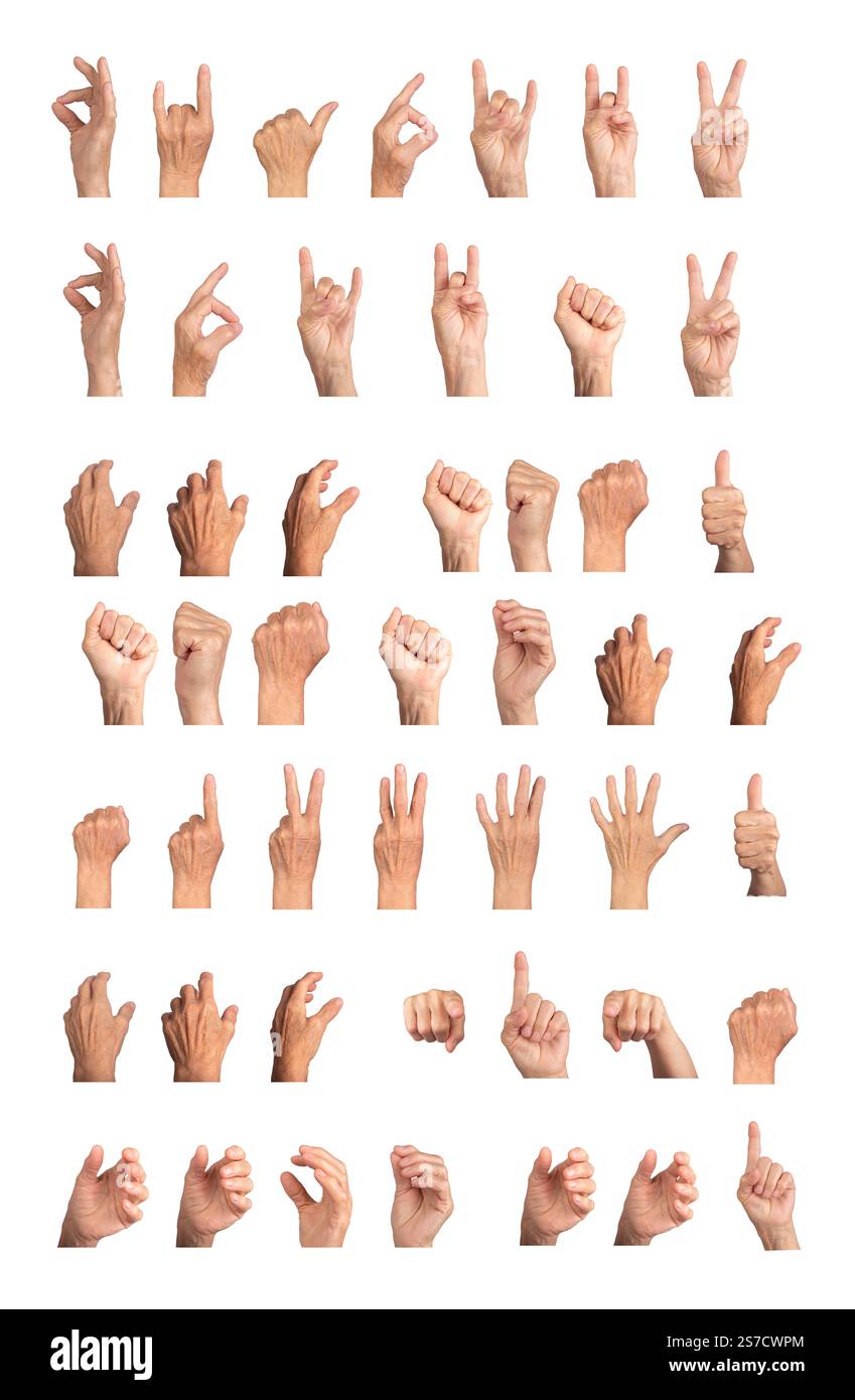 Big set of elderly caucasian woman's hand gestures, including pointing ...