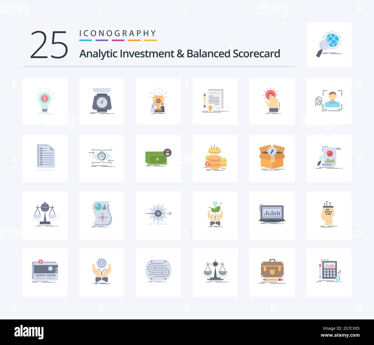 Analytic Investment And Balanced Scorecard 25 Flat Color icon pack including contract. business ...