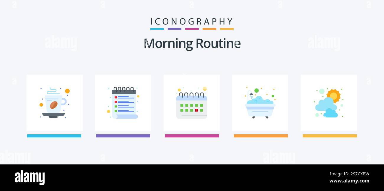 Morning Routine Flat 5 Icon Pack Including sun. shower. check list ...