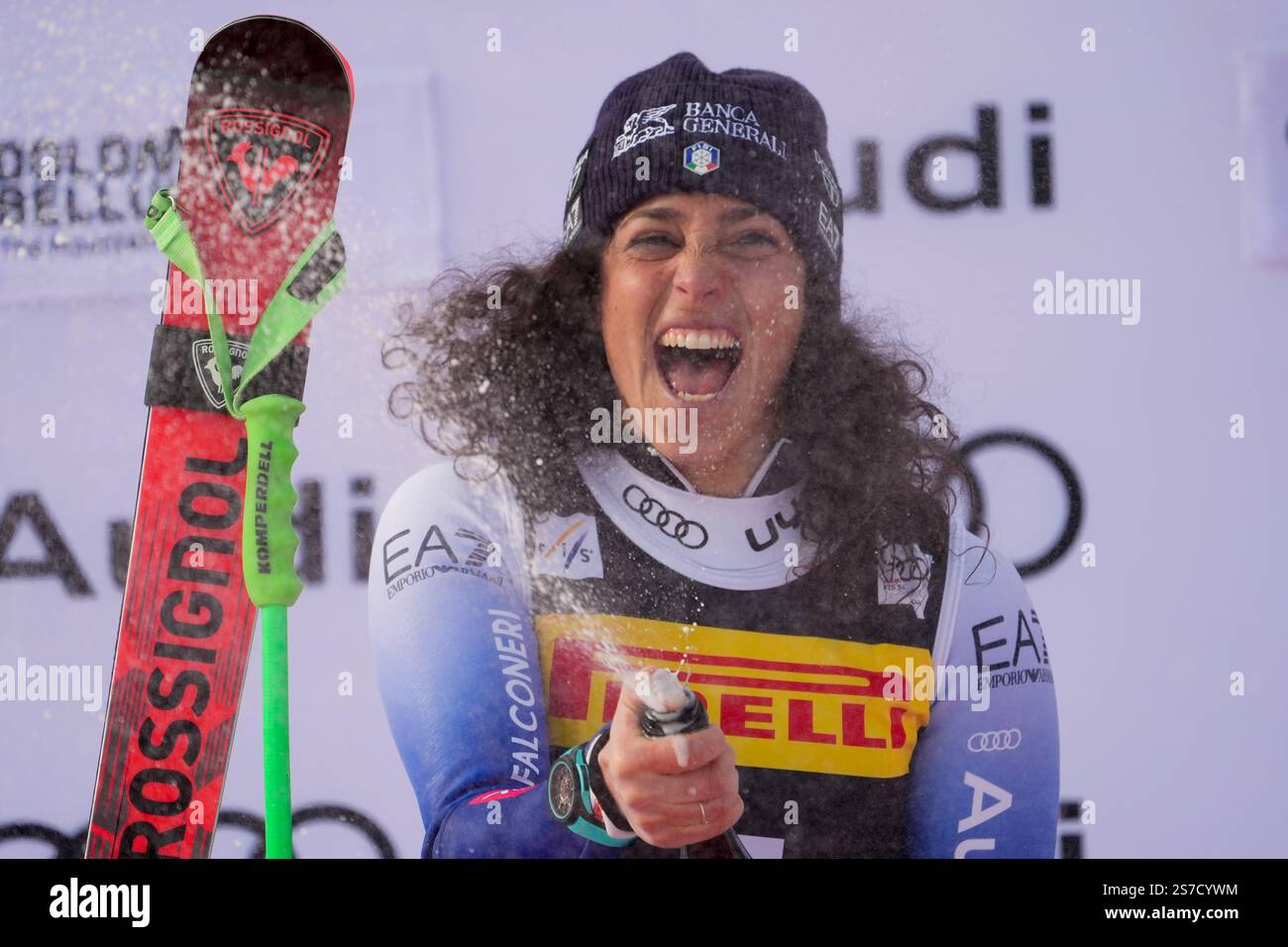 Italy's Federica Brignone celebrates on the podium after winning an ...