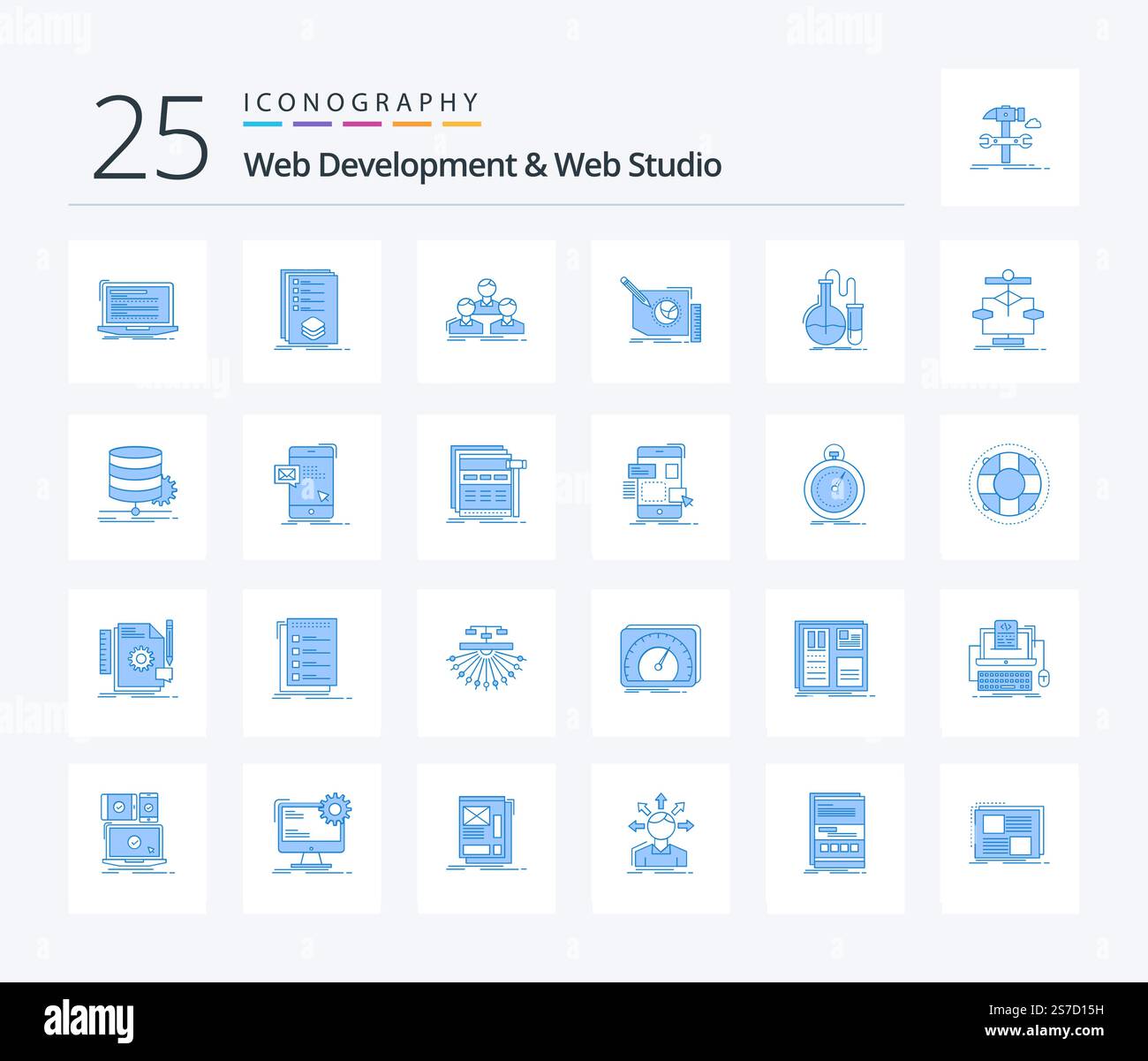 Web Development And Web Studio 25 Blue Color icon pack including frame. content. listing. team ...