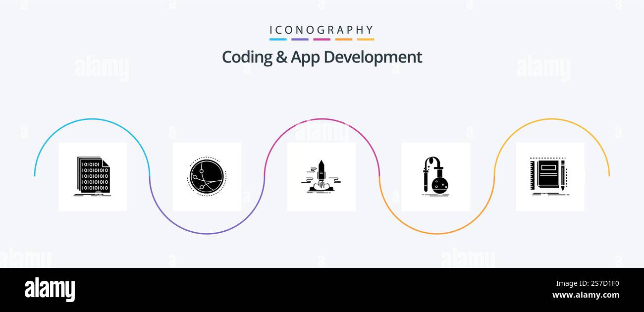 Coding And App Development Glyph 5 Icon Pack Including chemistry. internet. space. app Stock ...