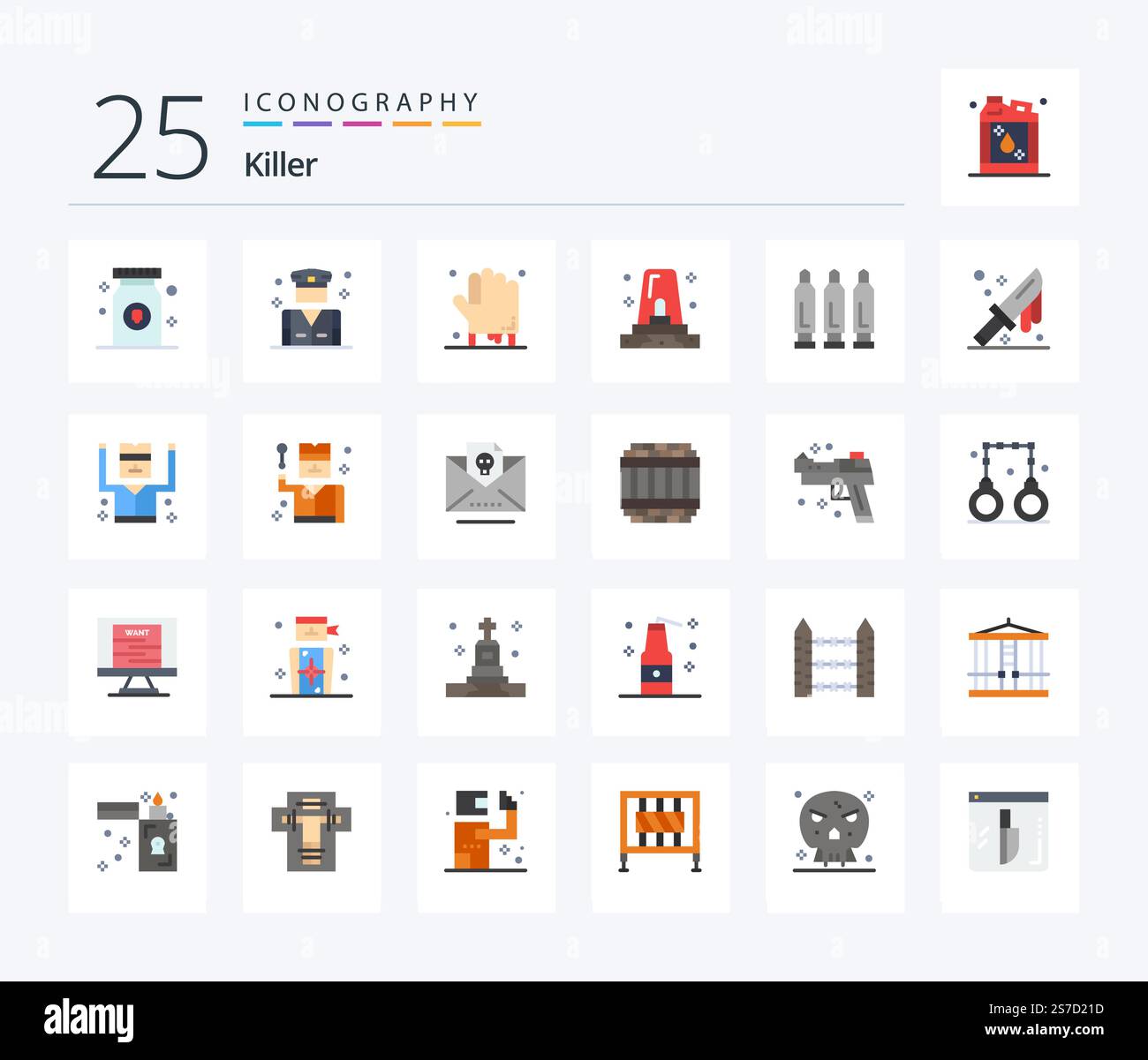 Killer 25 Flat Color icon pack including gun. siren. bloody. police ...