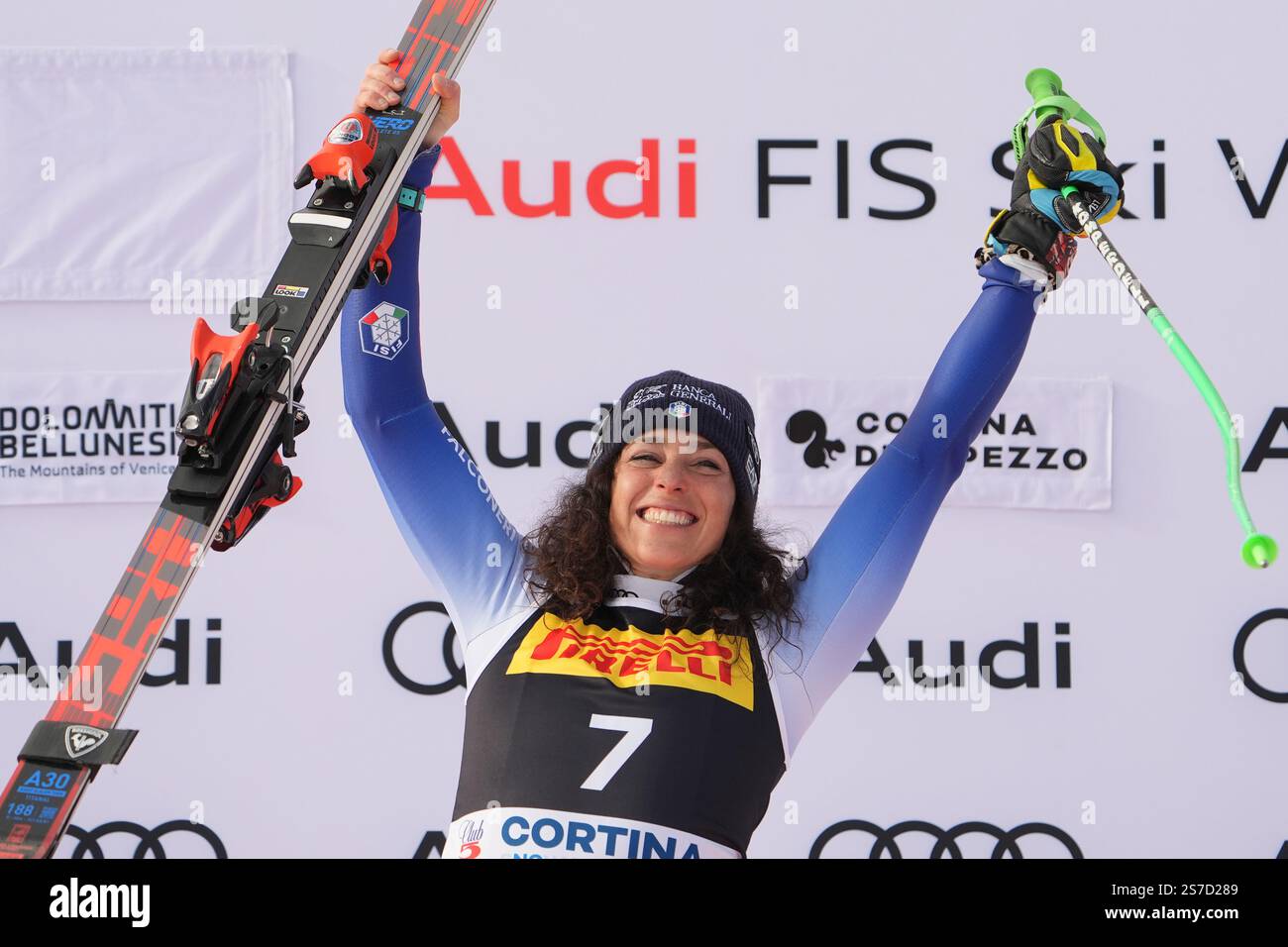 Italy's Federica Brignone celebrates on the podium after winning an ...